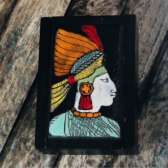 Vintage | Accents | Mayan Chief Enamel On Copper Wooden Box Vintage ...